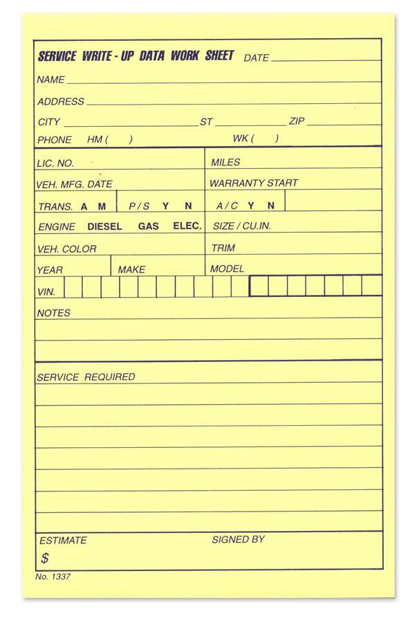 Auto Service Write-Up Data Sheets – Nap Supply