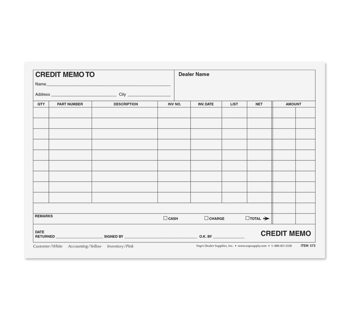 Credit Memo Forms for Auto Shops 3-part - NapSupply.com – Nap Supply