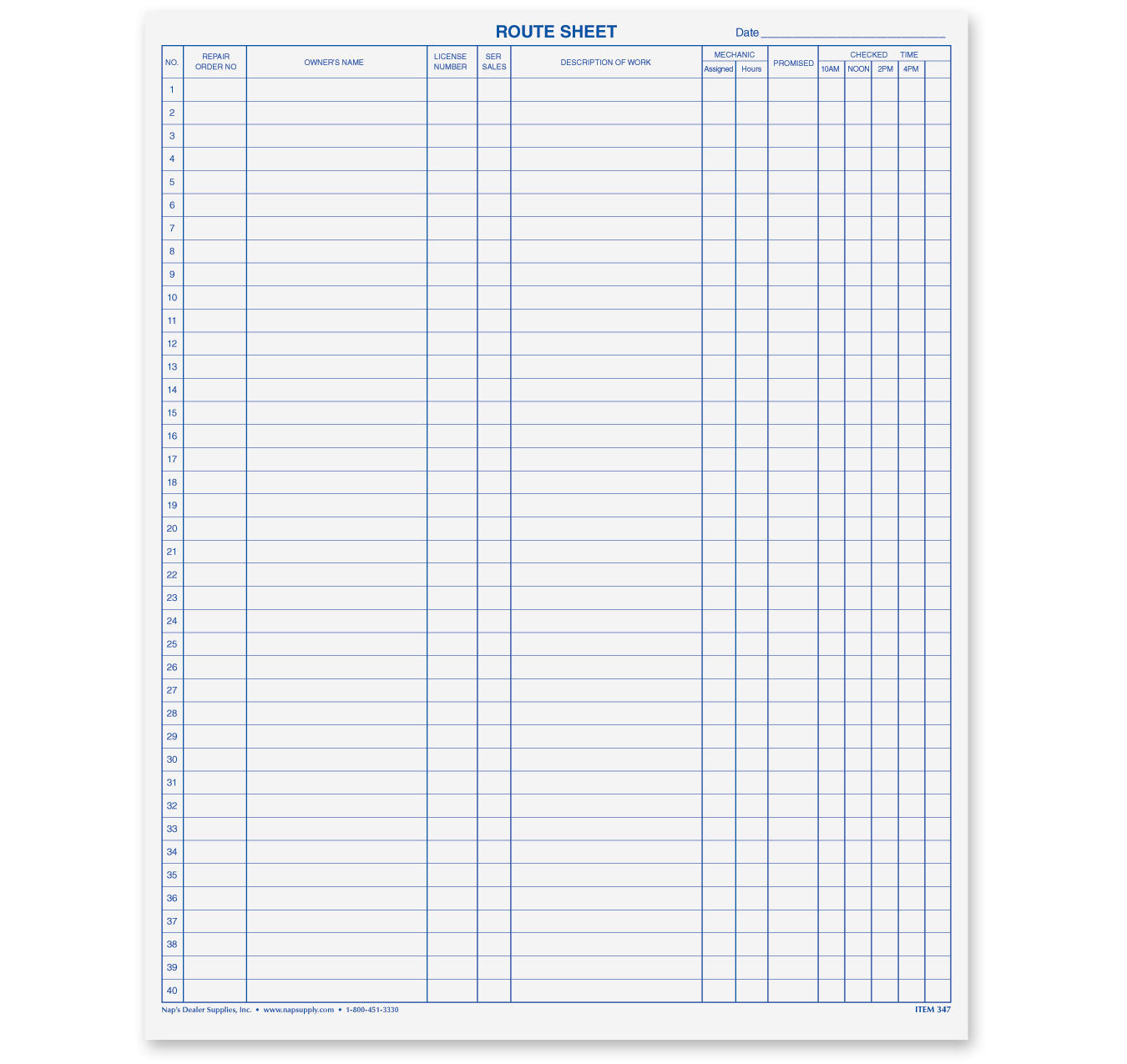 Service Route Sheet Forms for Auto Shops - NapSupply.com – Nap Supply