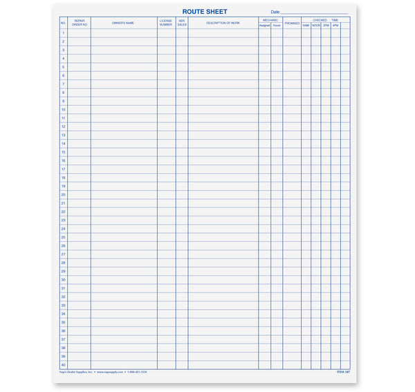 Service Route Sheet Forms for Auto Shops - NapSupply.com – Nap Supply